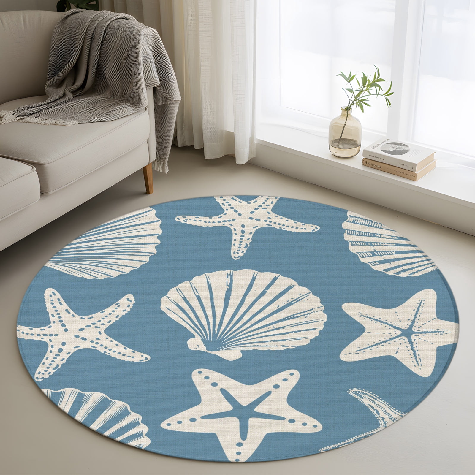 Blue Gray Coastal 3FT Round Area Rugs Starfish Shell Ocean Nautical ...