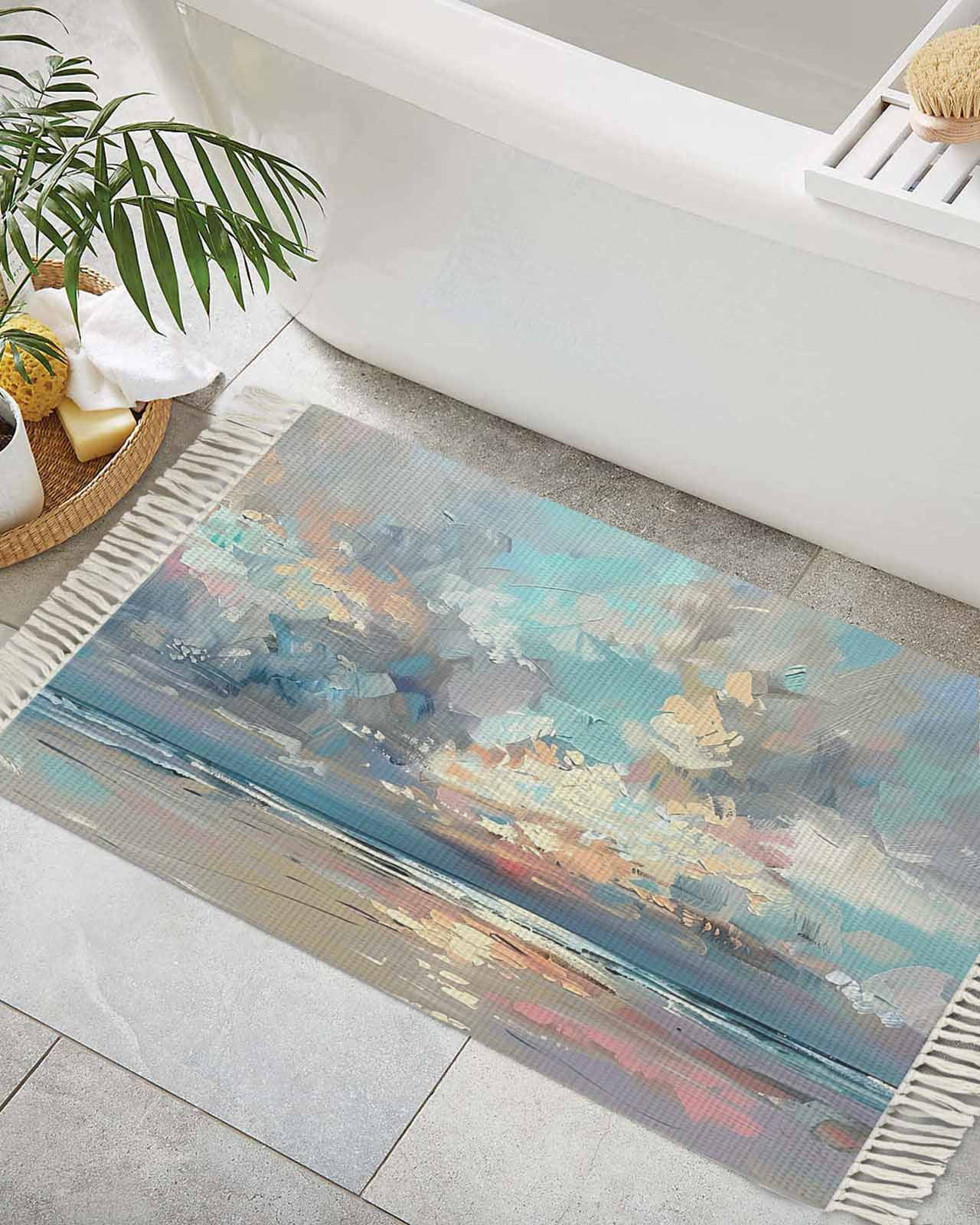 Blue Gray Coastal Bath Rug 2x3ft Woven Bathroom Entryway Runner Rug,Oil ...