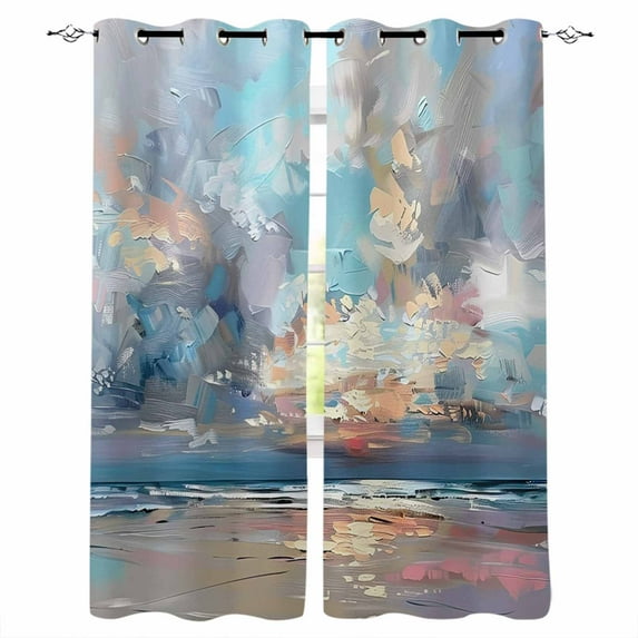 Blue Gray Coastal Blackout Curtains 45 Inches Long, Oil Painting Modern ...