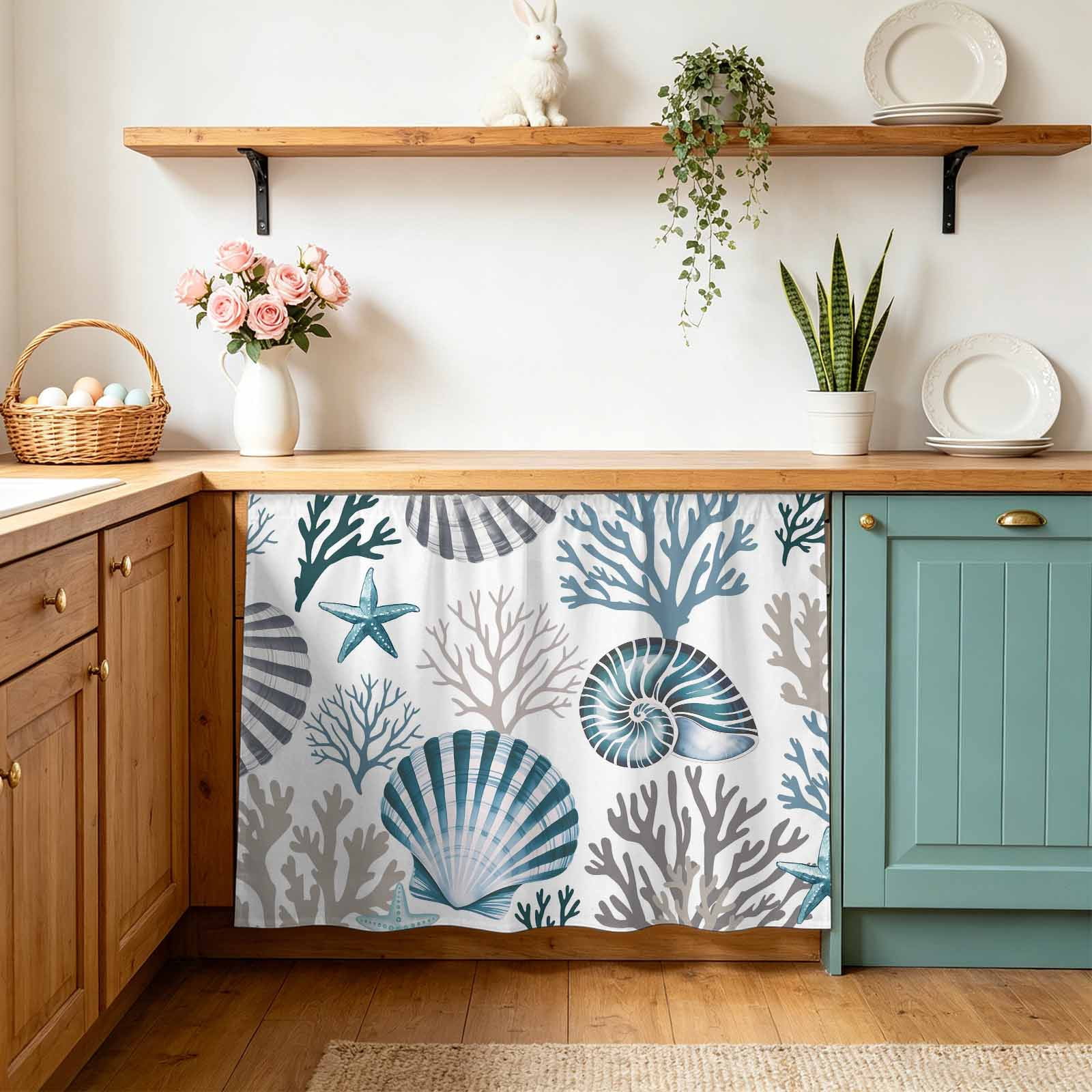 Blue Gray Coastal Cabinet Curtains 28" W x 35" L, Scallop Coral Shell ...