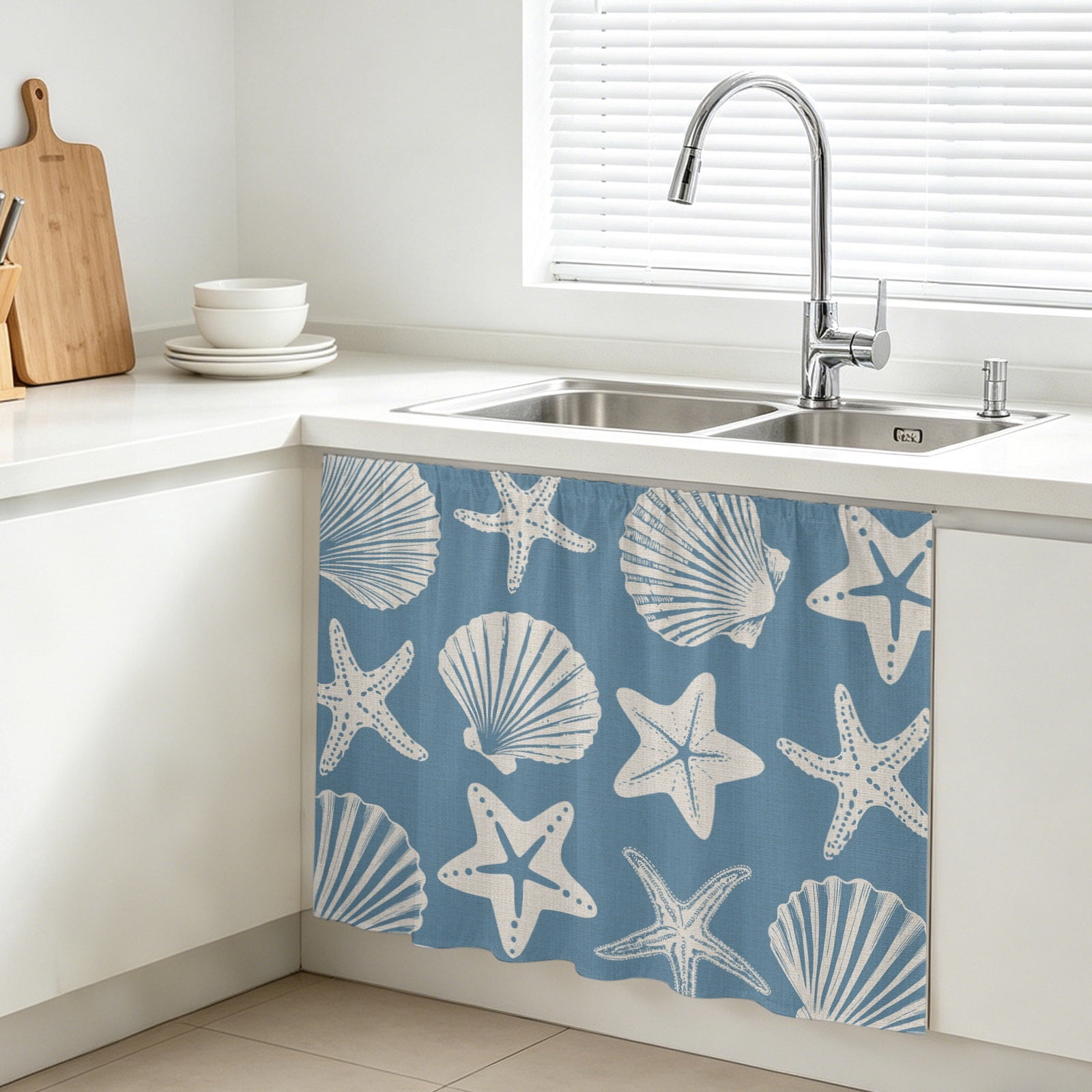 Blue Gray Coastal Cabinet Curtains for Kitchen 10"W x 11"L, Starfish ...