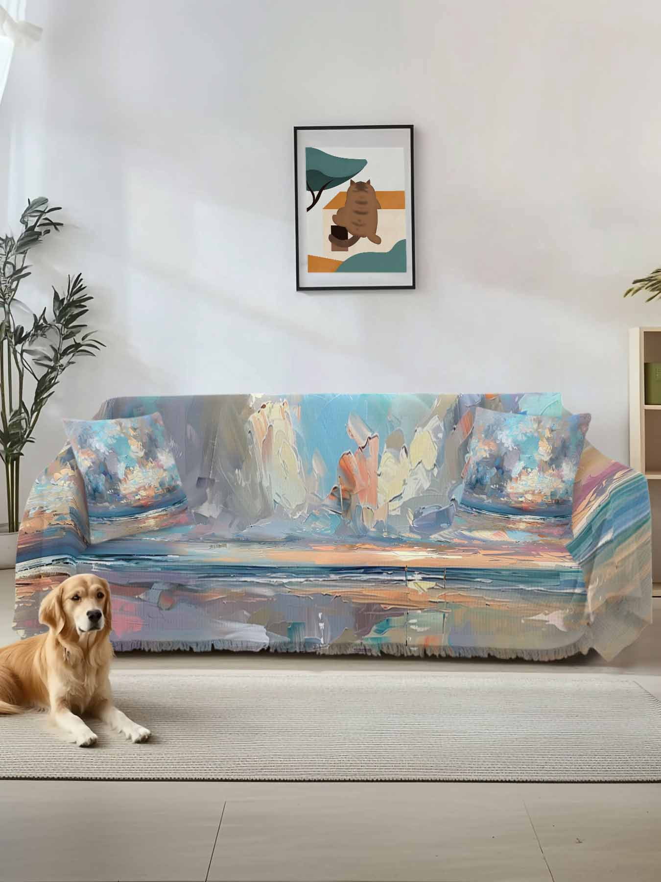 Blue Gray Coastal Couch Cover, Oil Painting Modern Abstract Art Sofa ...