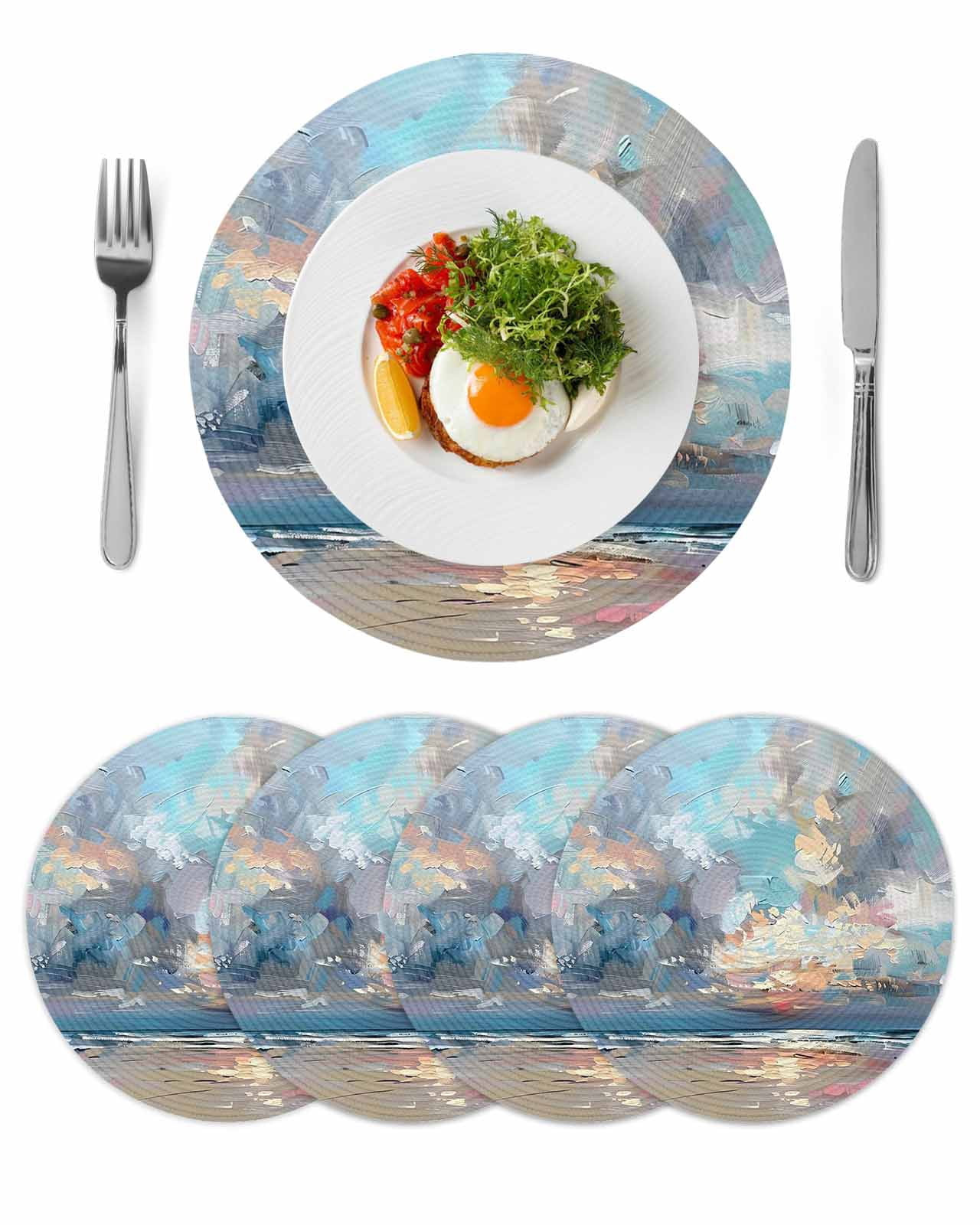 Blue Gray Coastal Round 15 Inch Placemats Set of 4, Oil Painting Modern ...