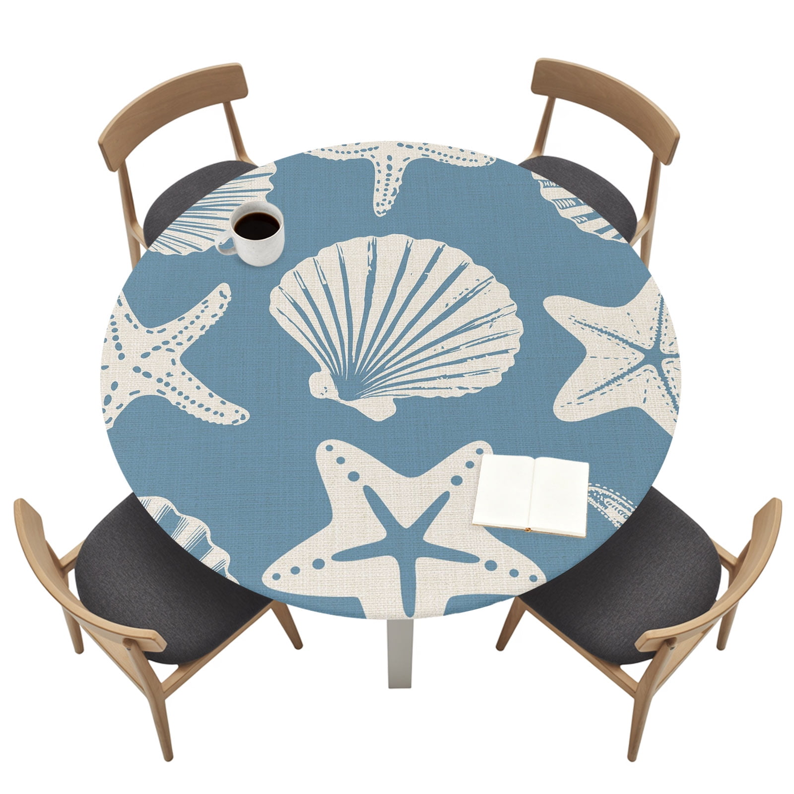 Blue Gray Coastal Round Fitted Table Cover Starfish Shell Ocean ...