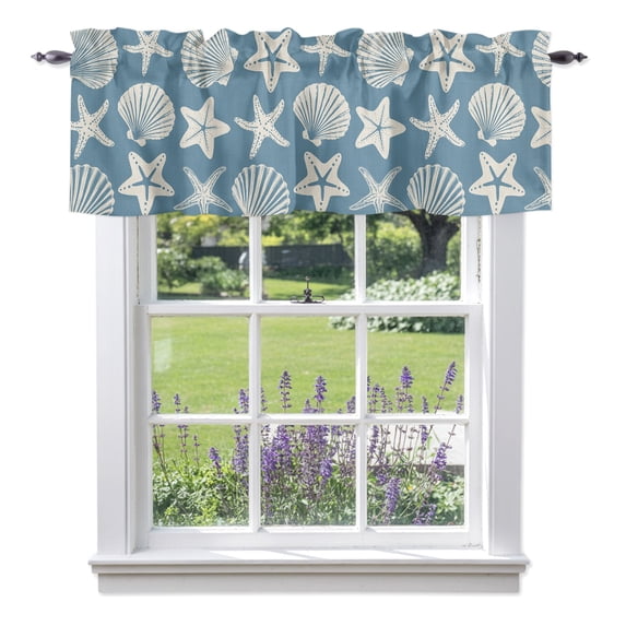 Blue Gray Coastal Valances for Windows, Starfish Shell Ocean Nautical ...