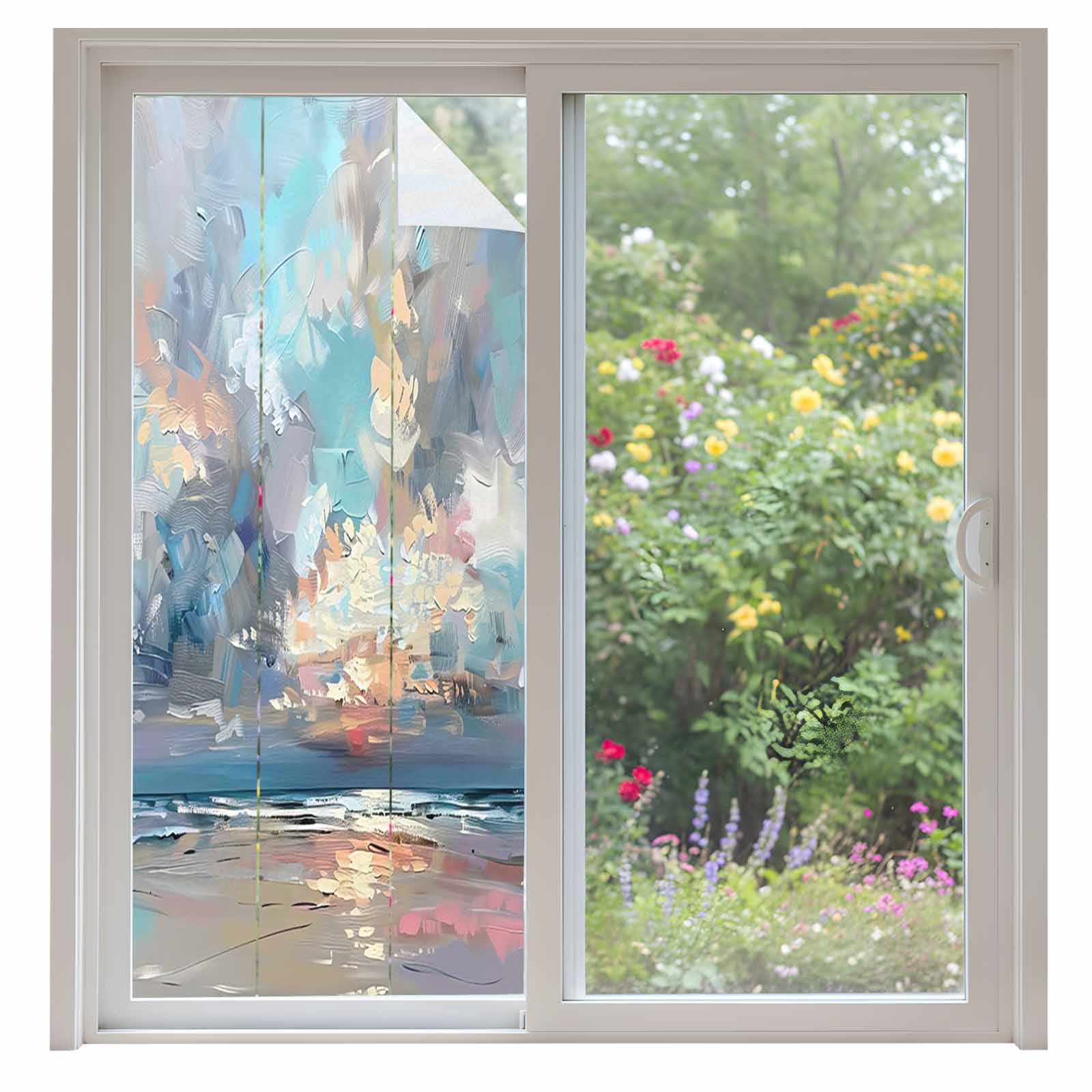 Blue Gray Coastal Window Privacy Film, Oil Painting Modern Abstract Art ...