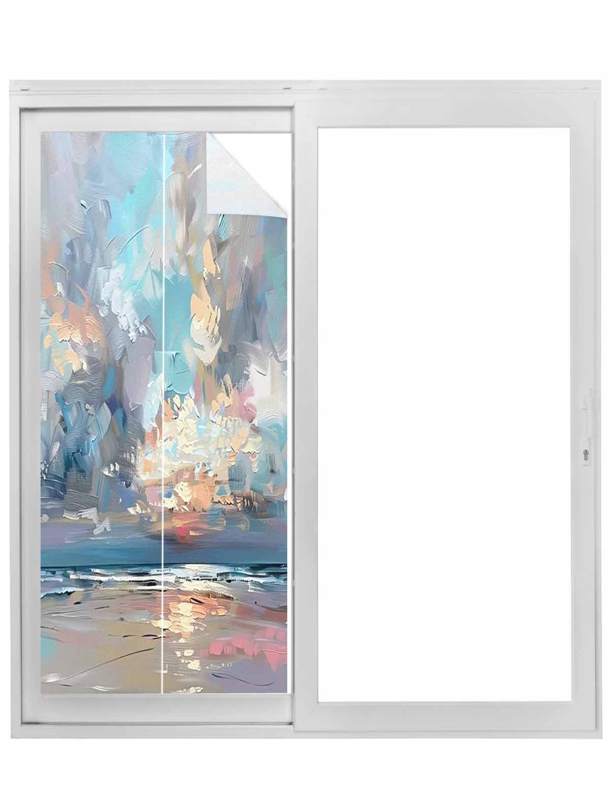 Blue Gray Coastal Window Privacy Film, Oil Painting Modern Abstract Art ...