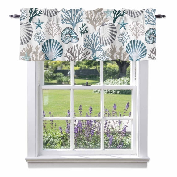 Blue Gray Coastal Window Valance for Kitchen, Scallop Coral Shell ...