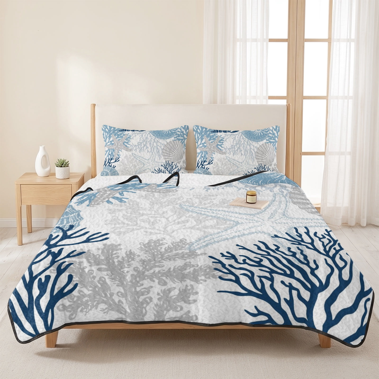 Blue Gray Corals Starfish 3 Pieces Quilt Set,1 Quilt with 2 Shams ...