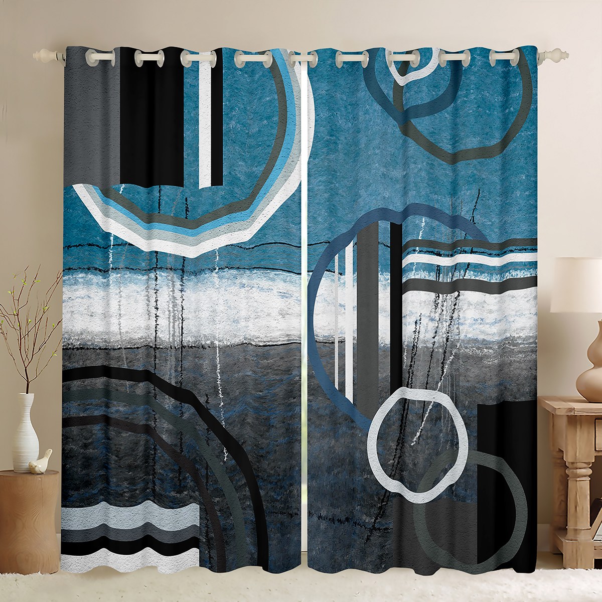 Blue And Gray Curtains,Geometric Circles Blackout Curtains for Kids ...