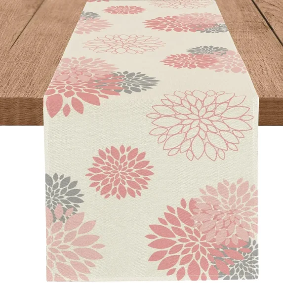 Blue Gray Dahlia Flower Linen Table Runners Home Table r Washable ...