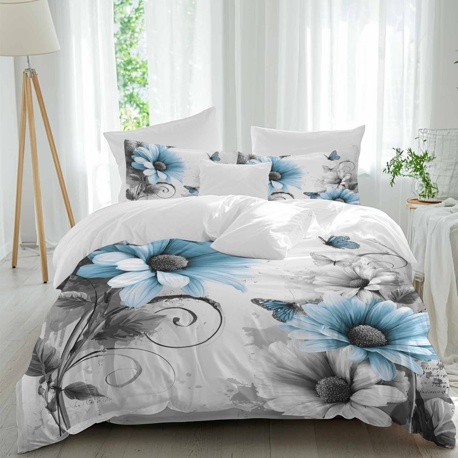 Blue Gray Daisy Butterfly 4 Piece Duvet Cover Set California King Size ...