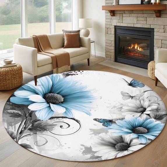 Blue Gray Daisy Butterfly 8FT Round Area Rugs for Living Room Floral ...