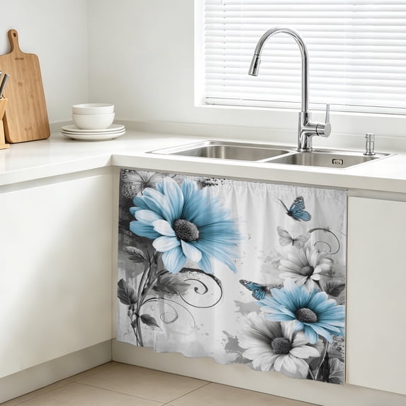 Blue Gray Daisy Butterfly Cabinet Curtains for Kitchen 10"W x 11"L ...