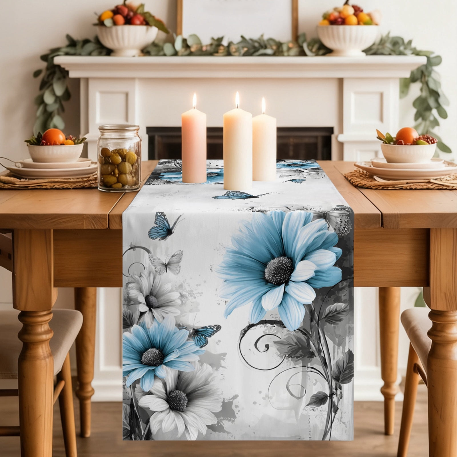 Blue Gray Daisy Butterfly Dining Table Runner, Floral Botanical ...