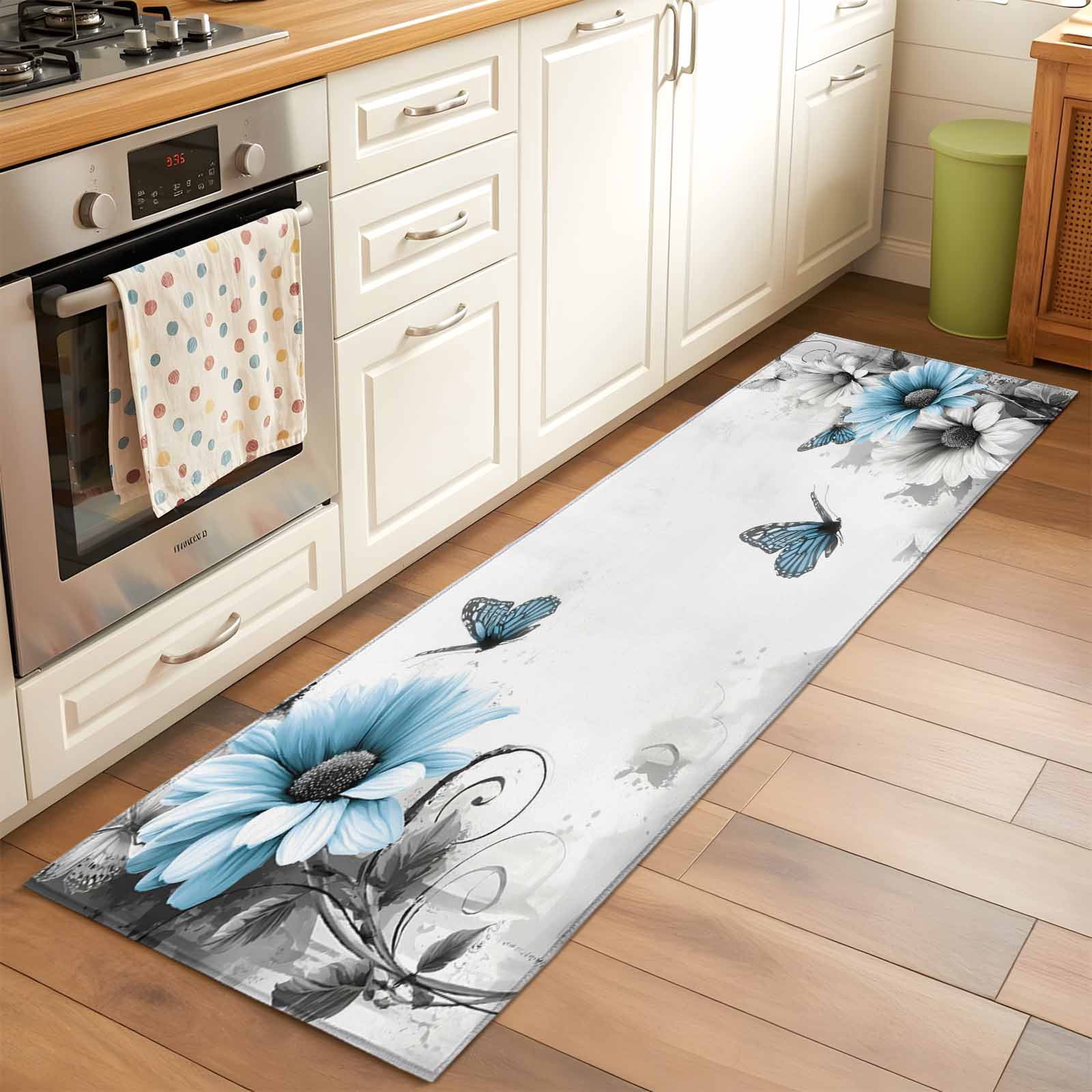 Blue Gray Daisy Butterfly Hallway Washable Runner Rug 2x6 Floral ...