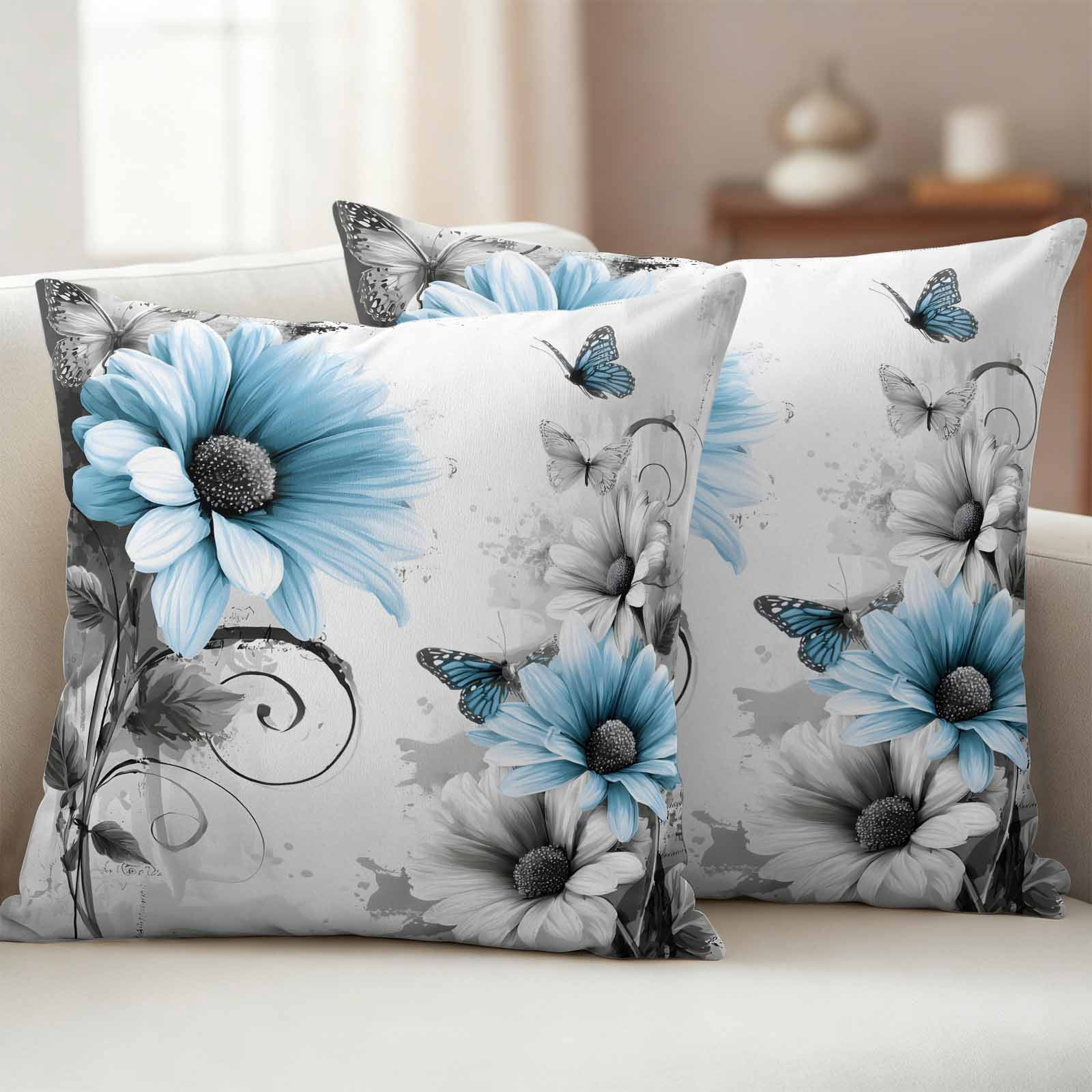 Blue Gray Daisy Butterfly Pillow Covers 2 Pack Floral Botanical ...