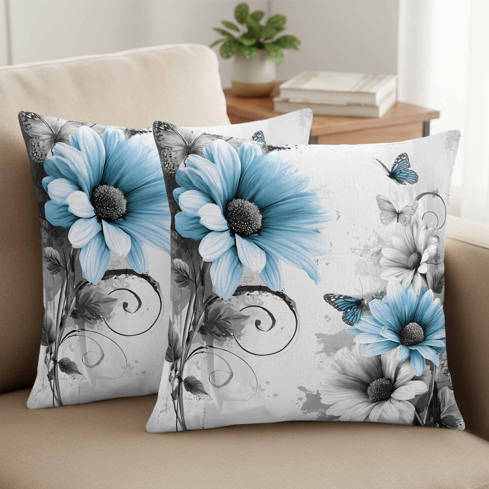 Blue Gray Daisy Butterfly Pillow Covers Set of 2, Floral Botanical ...