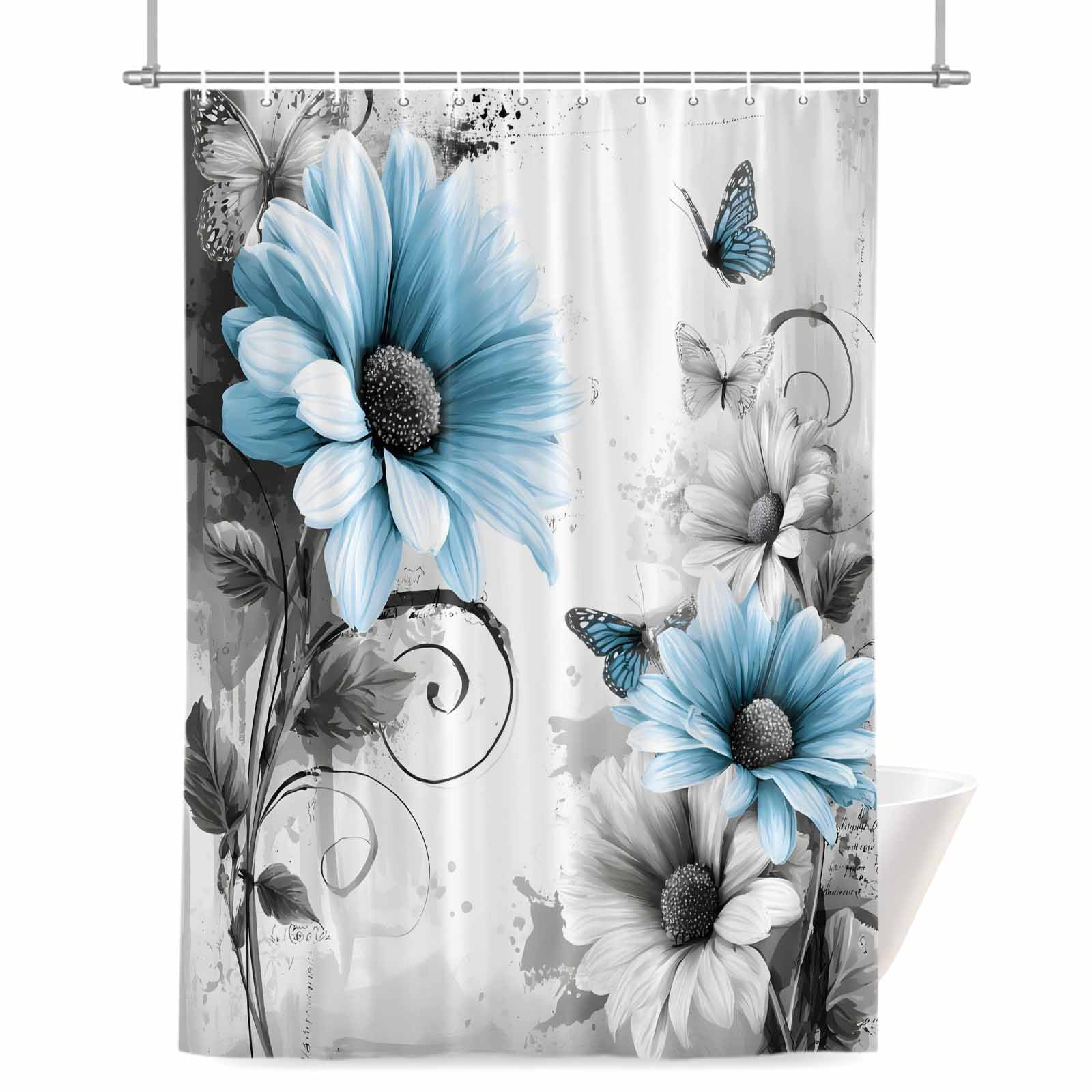 Blue Gray Daisy Butterfly Shower Curtain, Floral Botanical Watercolor ...
