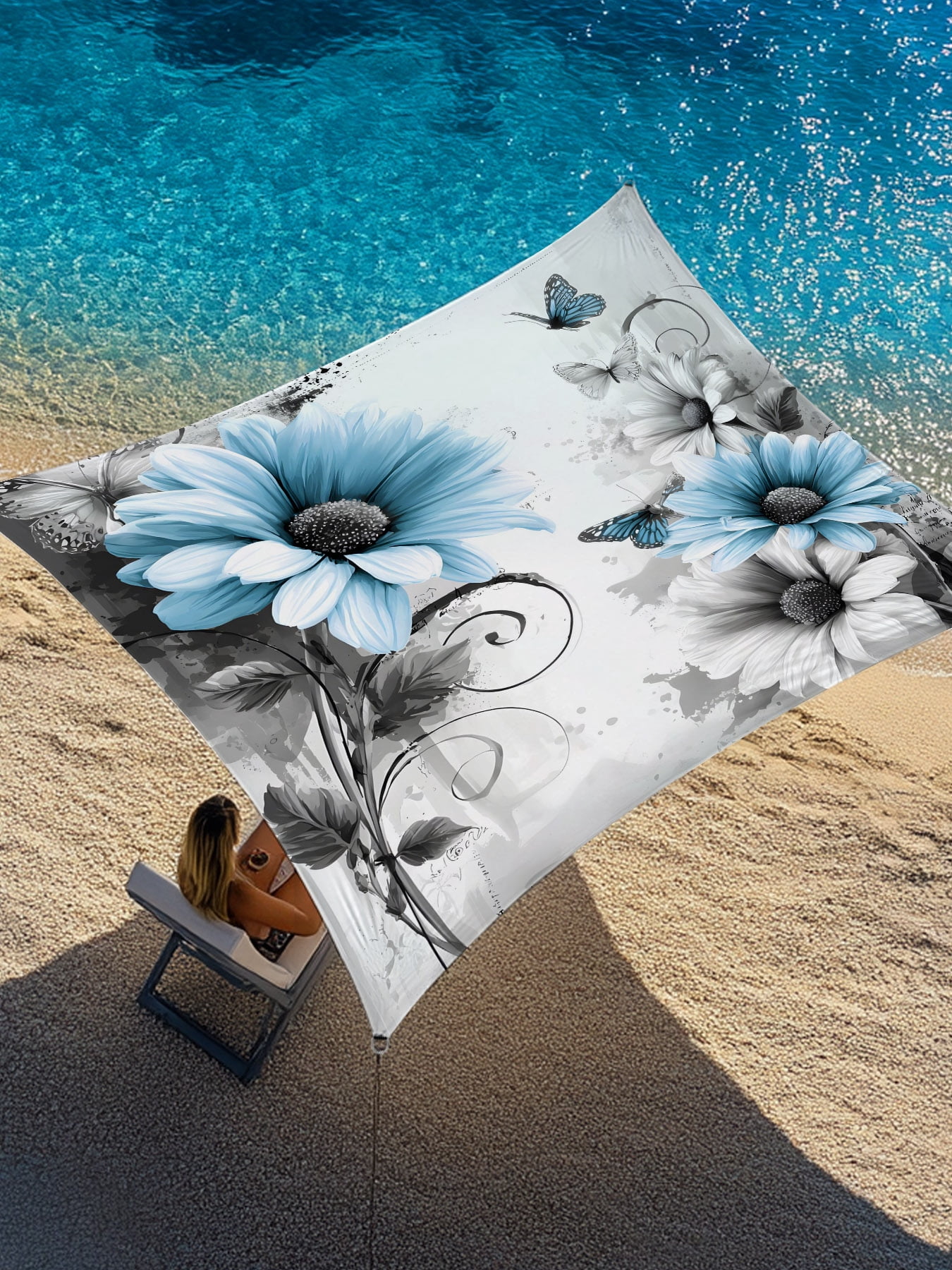 Blue Gray Daisy Butterfly Sun Shade Sail 12' x 16', Floral Botanical ...