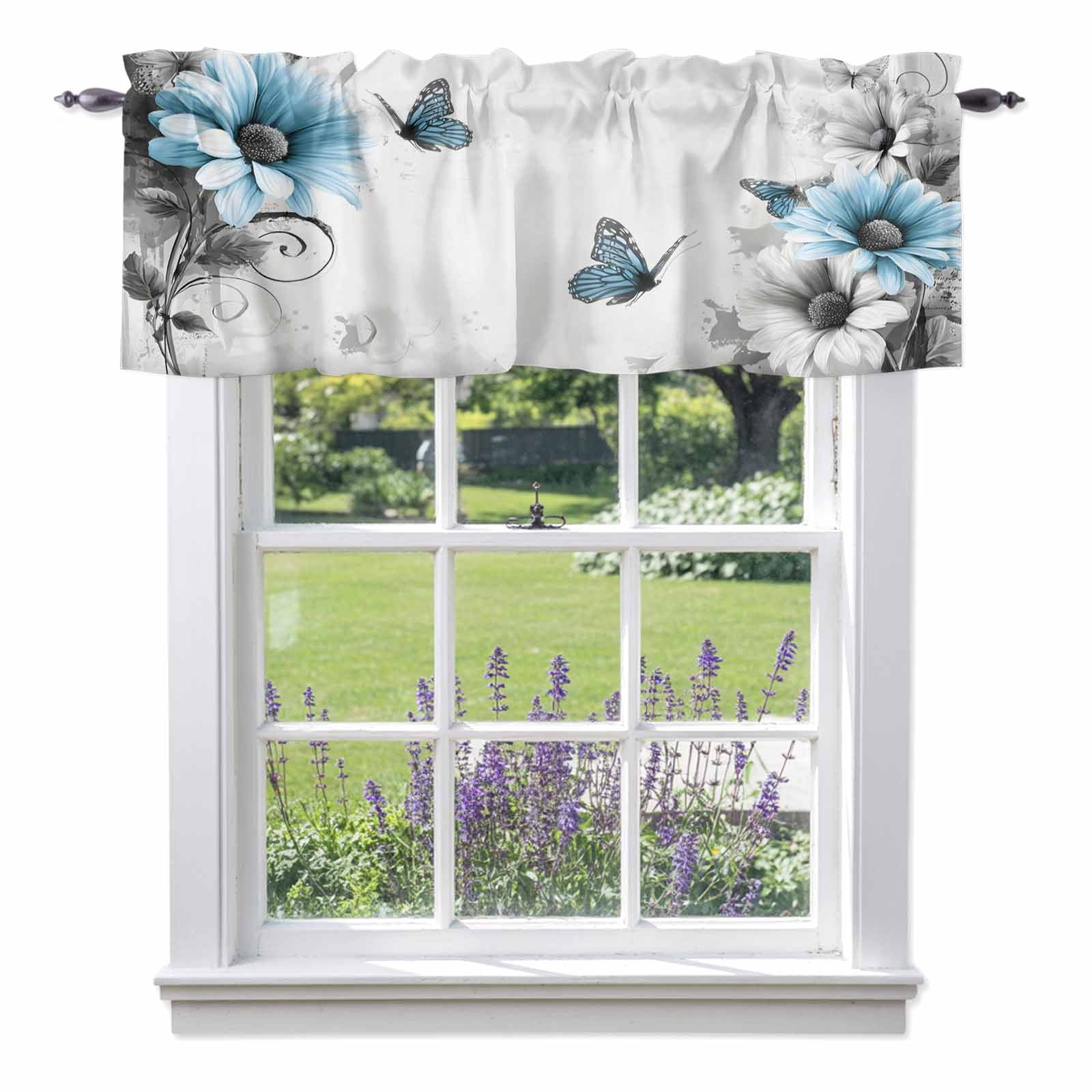 Blue Gray Daisy Butterfly Valances for Windows, Floral Botanical ...