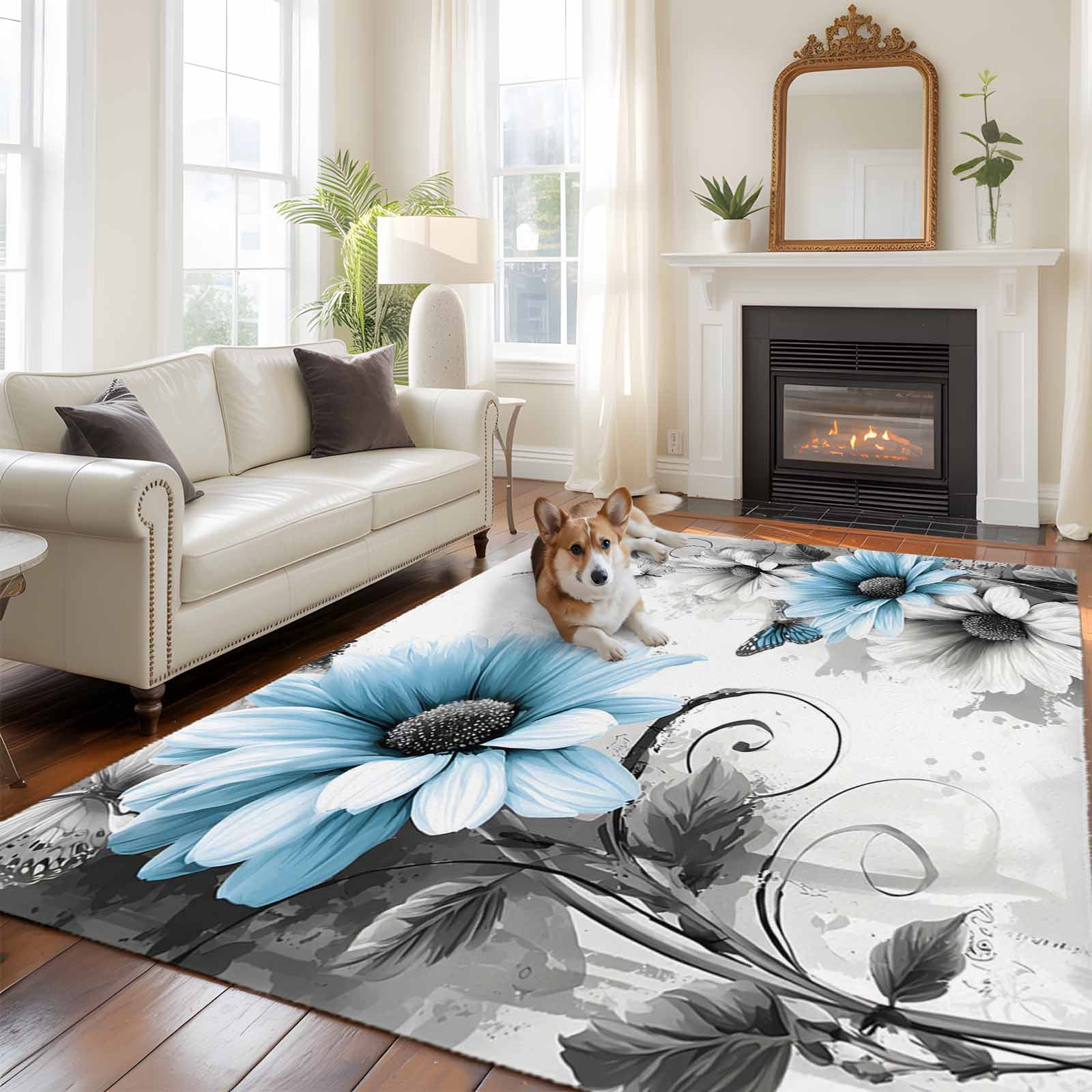 Blue Gray Daisy Butterfly Washable Area Rug 5x8 Floral Botanical ...