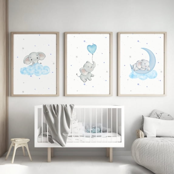Blue Gray Elephant Nursery Wall Art Set 3 Stretched Canvas 12x18 ...