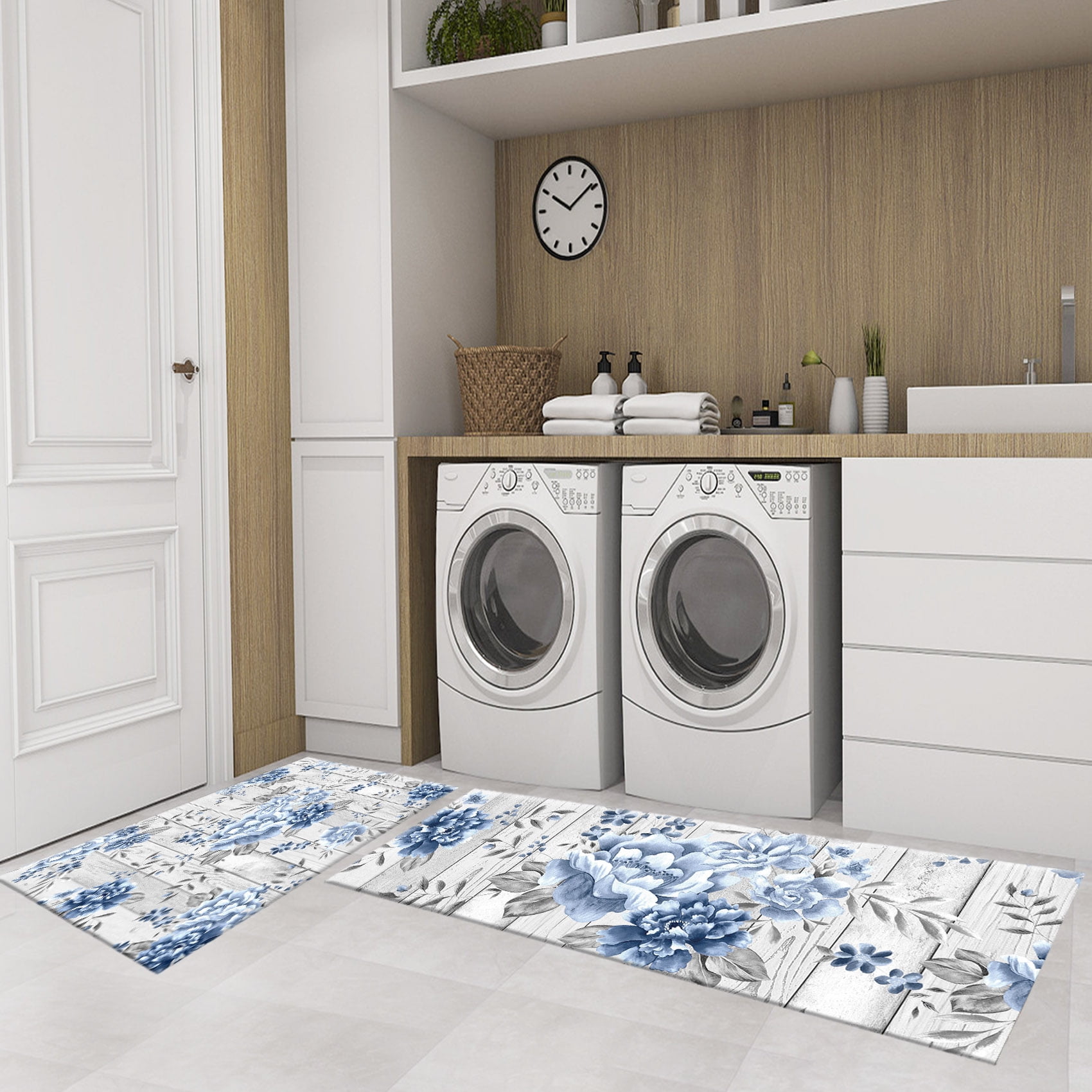 Blue Gray Floral Kitchen Rugs and Mats Wood Grain Floral Kitchen Mat ...