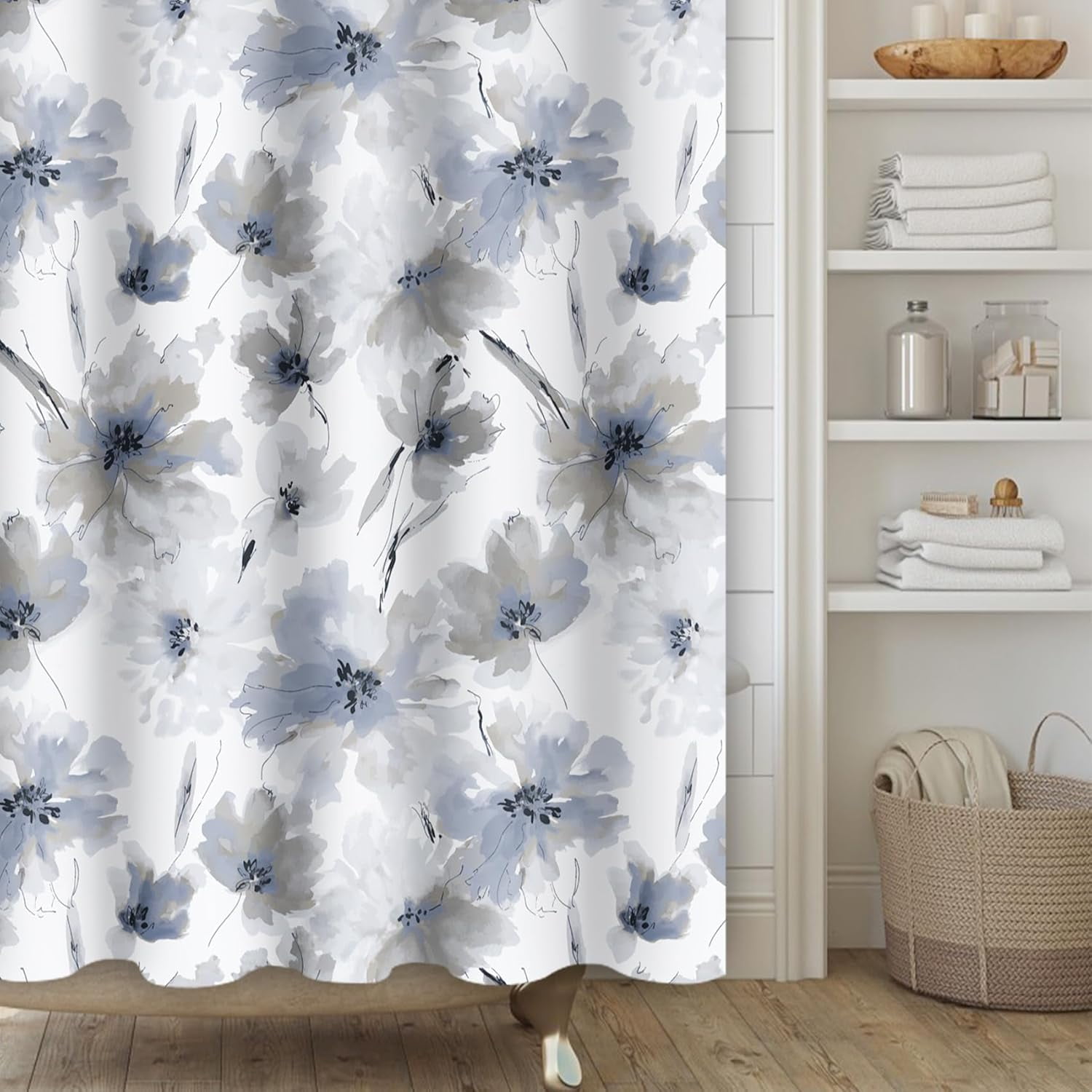 Blue Gray Floral Shower Curtain,Blue Grey Flower Shower Curtain Set for ...