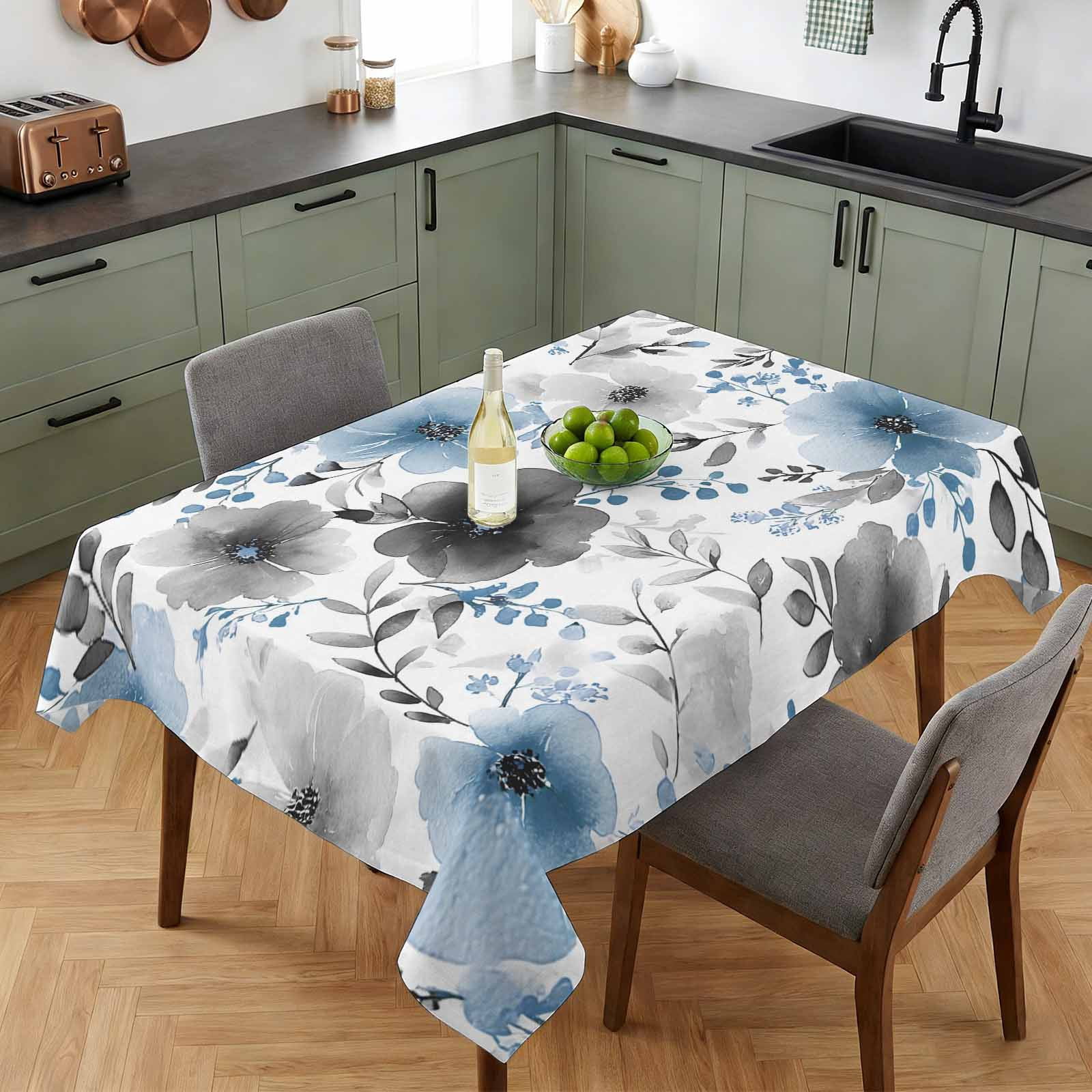 Blue Gray Floral Watercolor Table Cloth 52x70in, Waterproof Rectangle ...