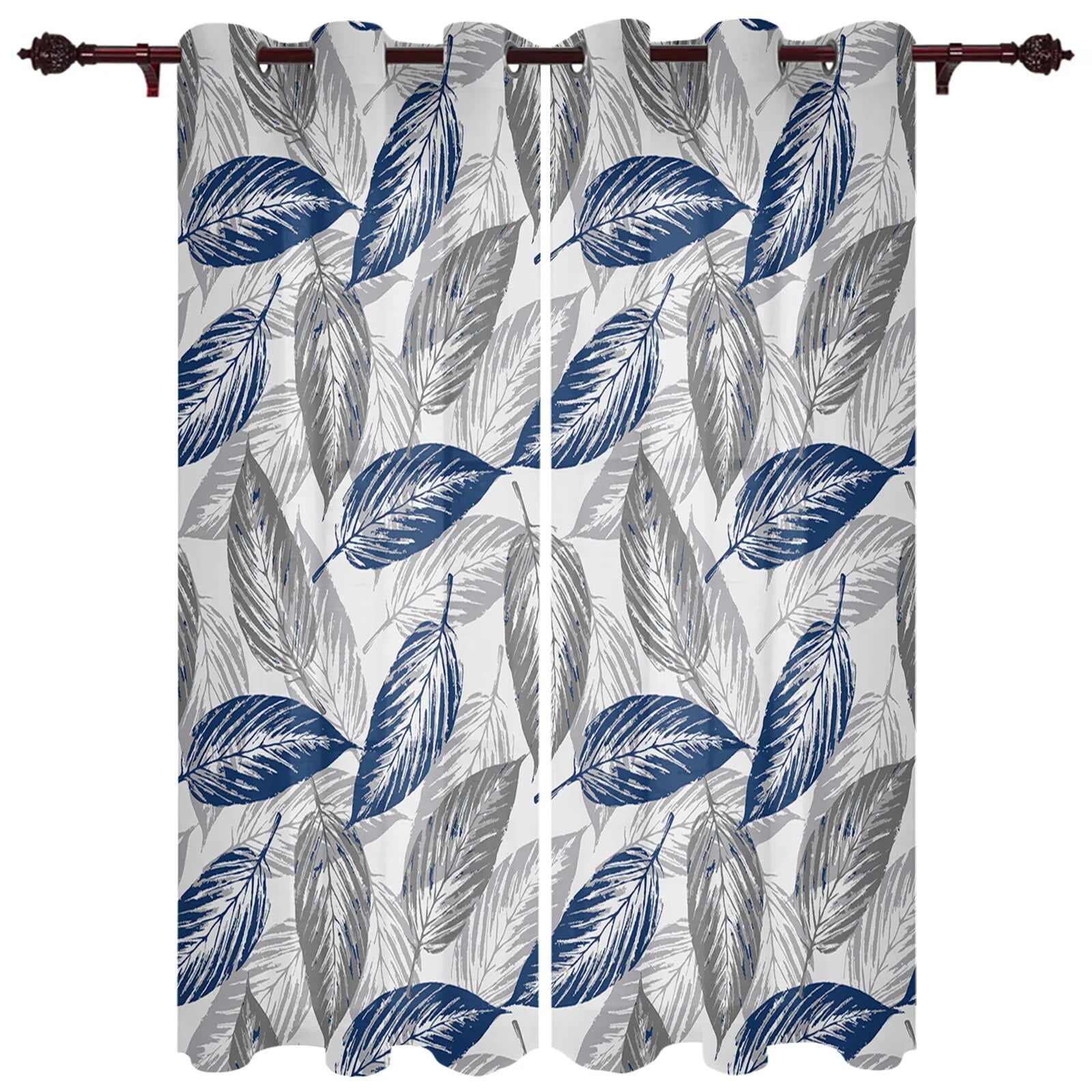 Blue-Gray Foliage Texture Modern Window Curtains for Living Room ...