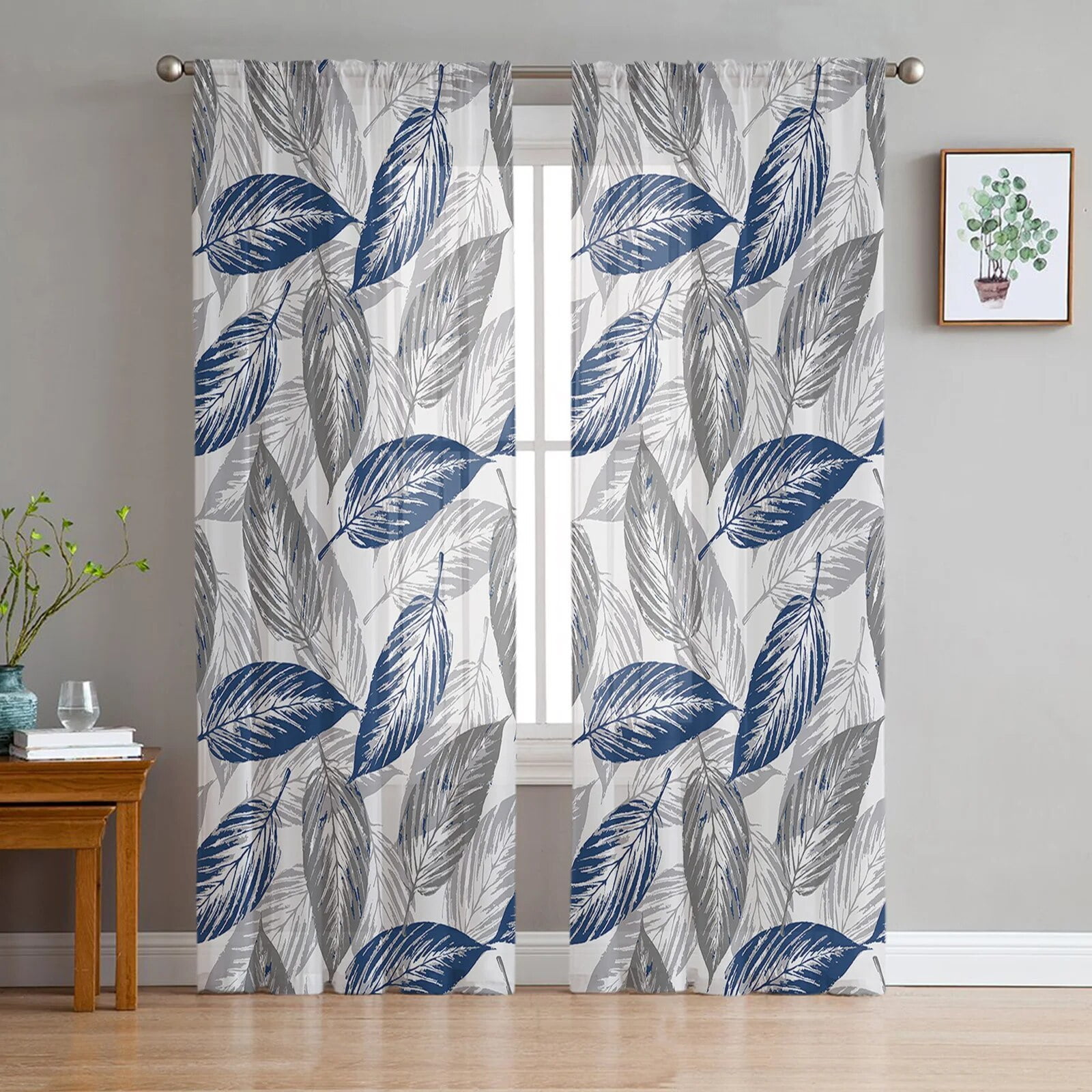 Blue-Gray Foliage Texture Window Tulle Curtains for Living Room Kitchen ...