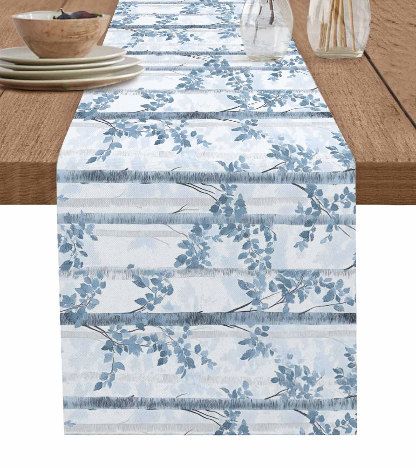 Blue Gray Forest Table Runner 60 Inches, Watercolor Tree Blue Leaves ...
