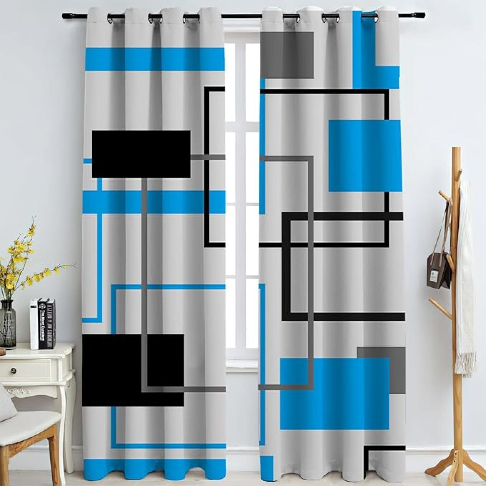 Blue Gray Geometric Color Block Blackout Curtains, Abstract Bohemian ...