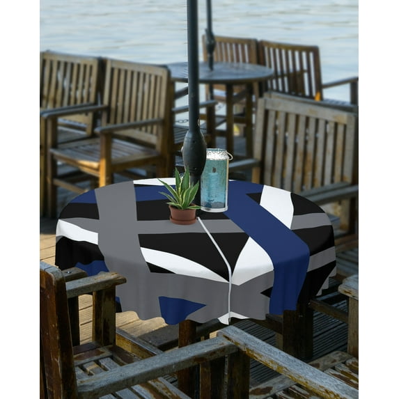 Blue Gray Geometric Lines Abstract Outdoor Tablecloth with Umbrella ...