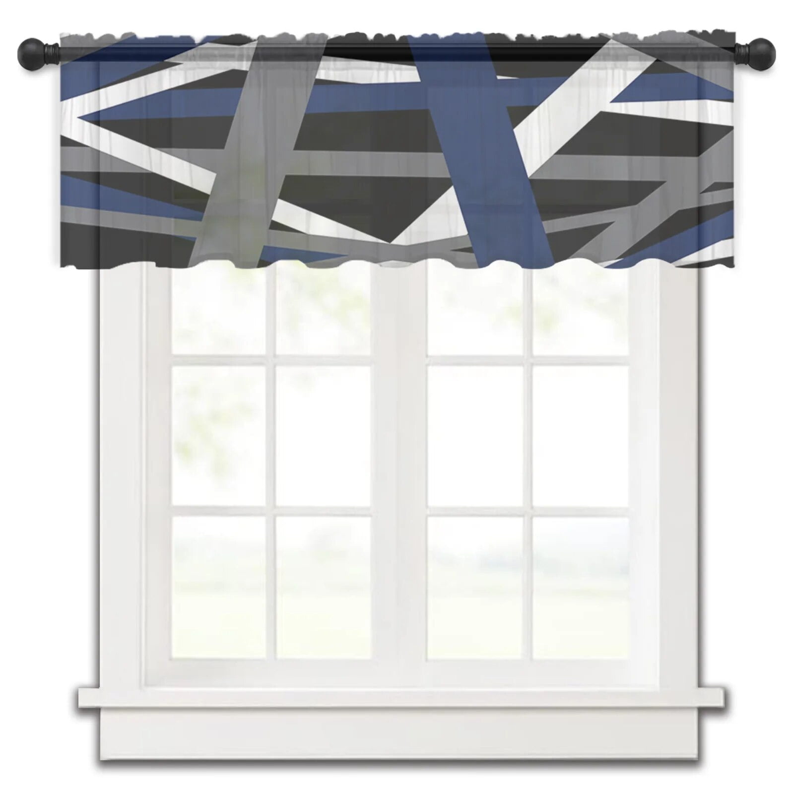 Blue Gray Geometric Lines Abstract Short Tulle Curtains Bedroom Voile ...