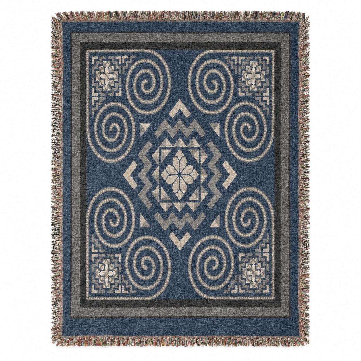Blue Gray Geometric Spiral Woven Blanket, 100% Cotton, Folk-Inspired ...