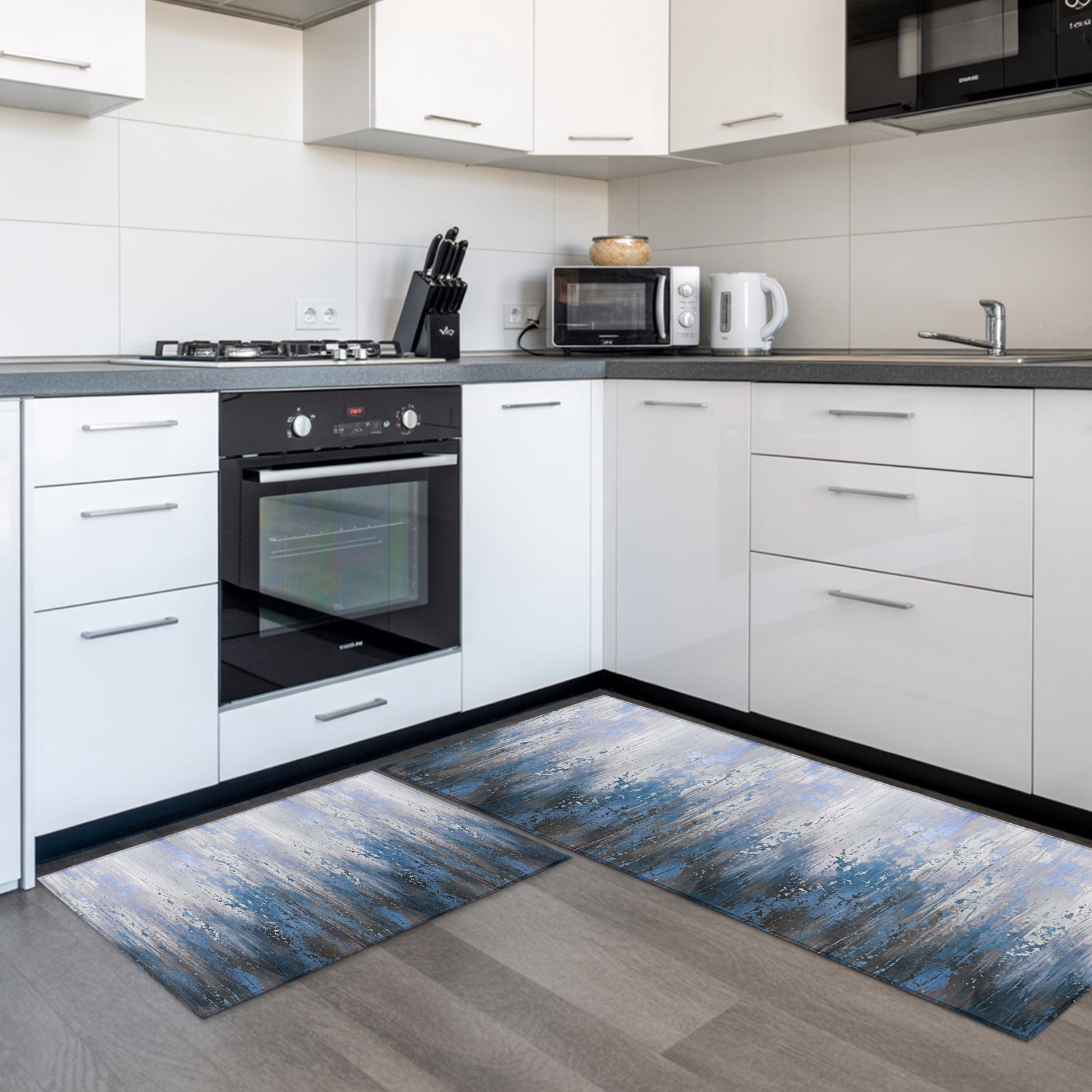 Blue Gray Gradient 2 Pieces Non-Slip Kitchen Mat Set, Modern Abstract ...