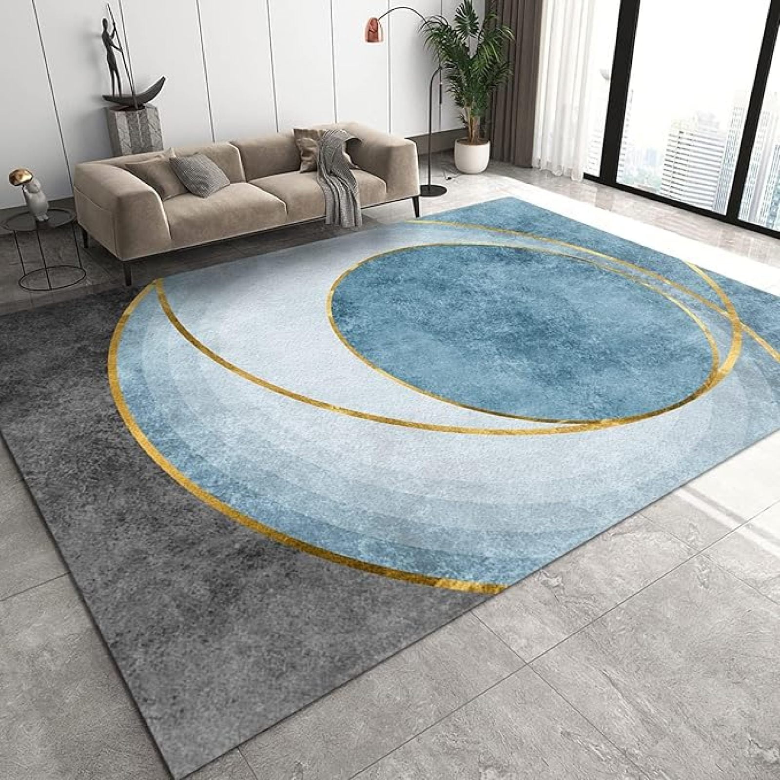 Blue Gray Gradient Geometric Area Rug, Black Grey Gold Curve Geometric ...