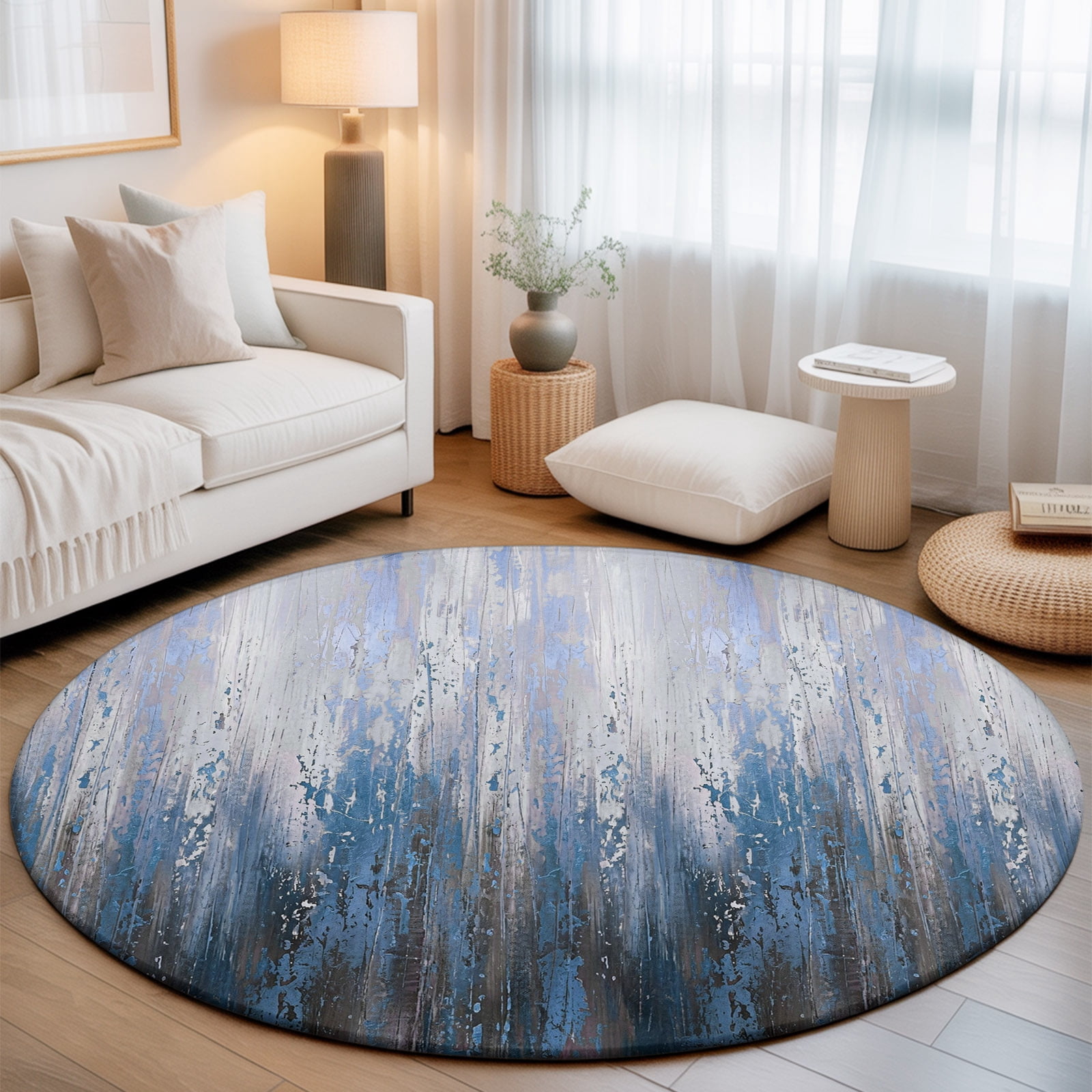 Blue Gray Gradient Round Living Room Rugs 7 ft, Modern Abstract ...