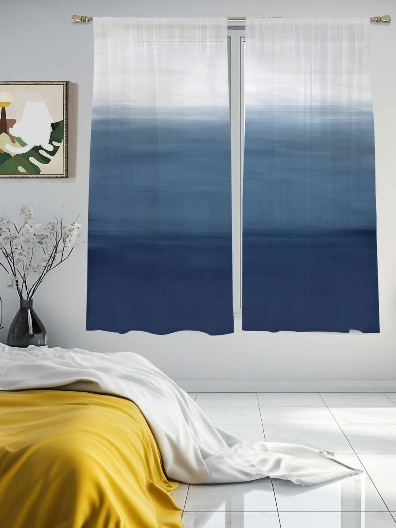 Blue and Gray Gradient Stripes Sheer Curtains 2 Panels Set Modern ...