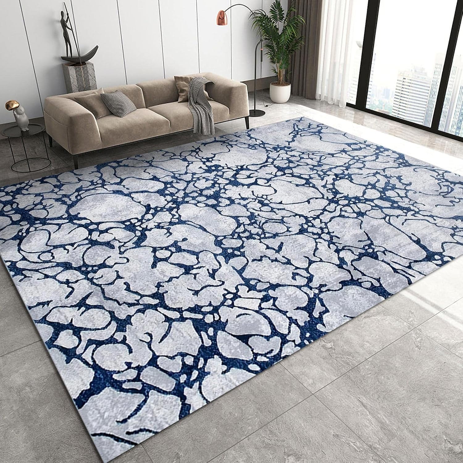 Blue Gray Irregular Abstract Lines Area Rug, 5x6 Retro Boho Minimalist ...