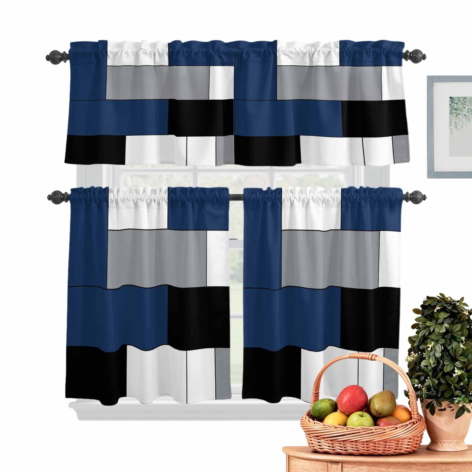 Blue Gray Kitchen Curtains Valances 3 Piece Set, Abstract Color Block ...
