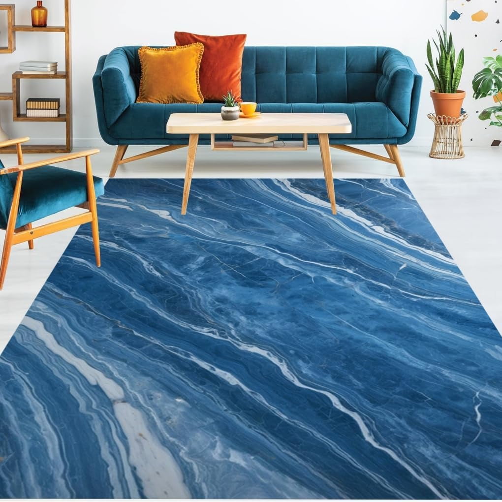 Blue Gray Marble Texture Modern Abstract Decor Rug For Living Room ...
