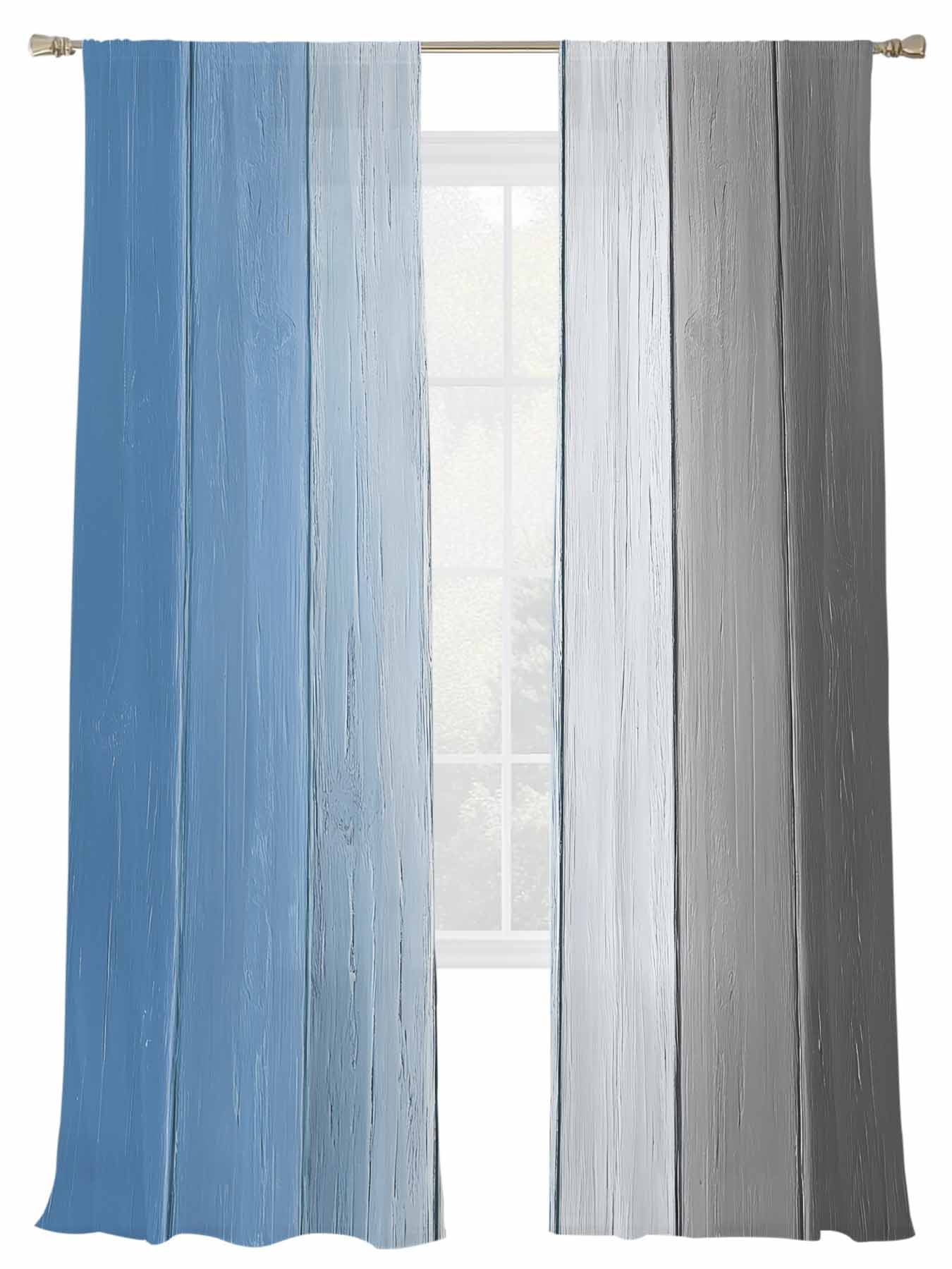 Blue Gray Ombre Sheer Curtains 96 Inch Length 2 Panels Set, Semi Transparent Voile Rod Pocket ...