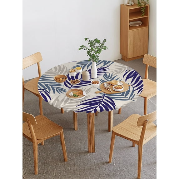 Blue Gray Palm Leaf Round Fitted Tablecloth with Elastic Edge, Country ...