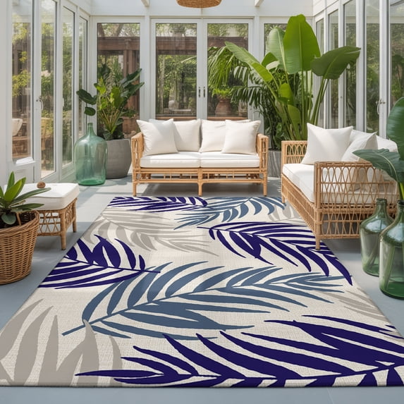 Blue Gray Palm Leaf Washable Area Rugs 2.7'x5', Country Vintage ...