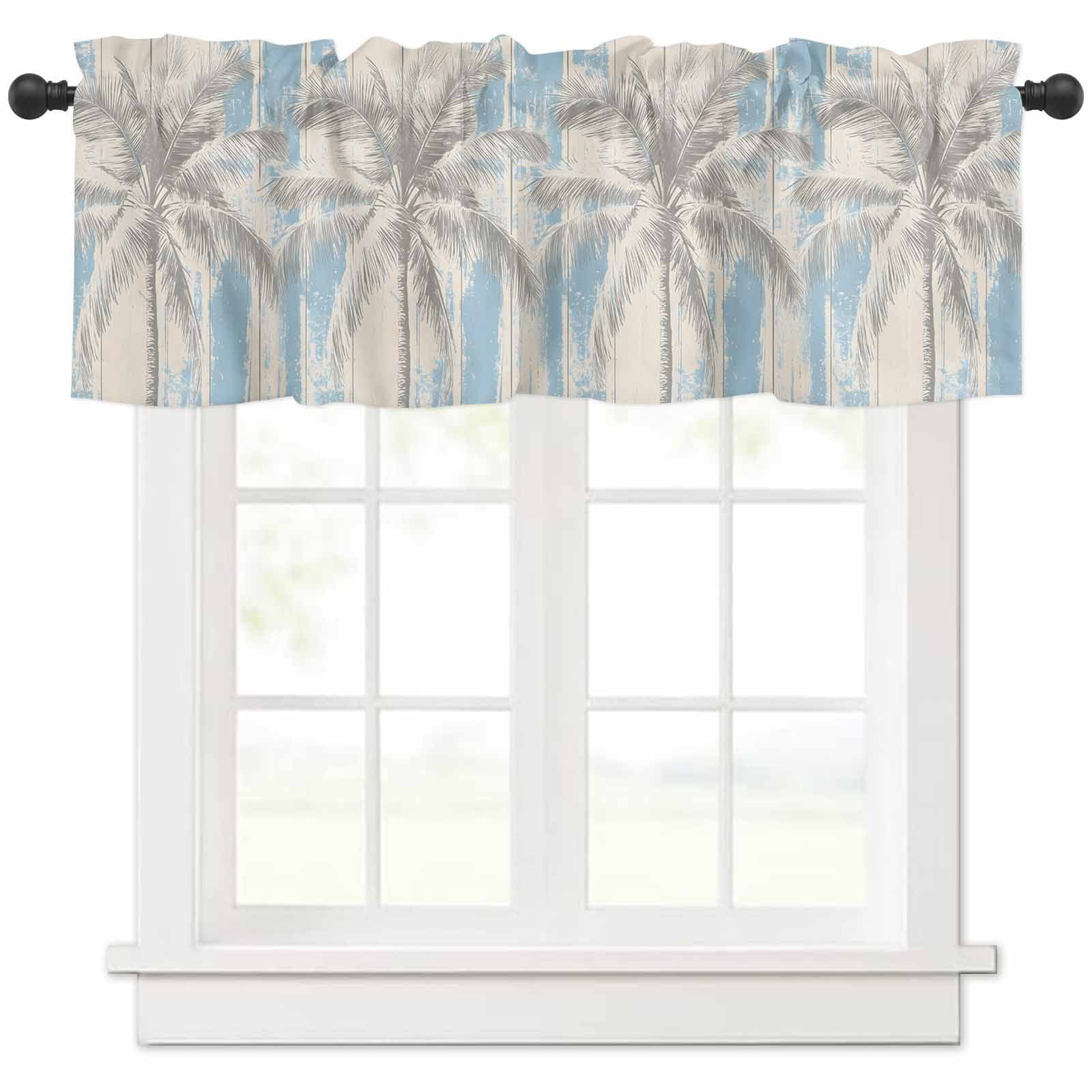 Blue Gray Palm Tree Valances for Windows Farmhouse Kitchen Curtains ...