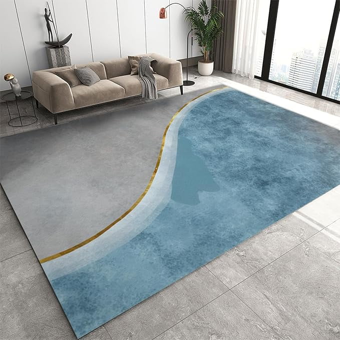 Blue Gray Patchwork Area Rug, Retro Golden Curve Indoor Non Slip Print ...