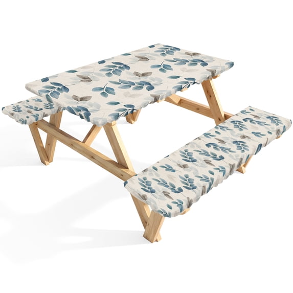 Blue Gray Picnic Table Cover with Bench Covers Eucalyptus Leaves Linen ...